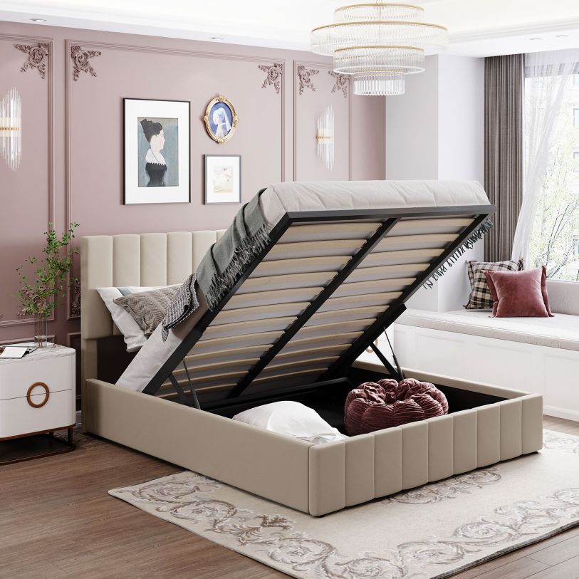 Queen Upholstered Platform Bed w a Hydraulic Storage System Beige FedEx UPS