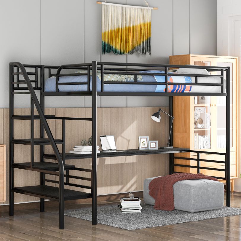 Metal Loft Bed Frame w Desk No Box Spring Needed Twin Black FedEx UPS