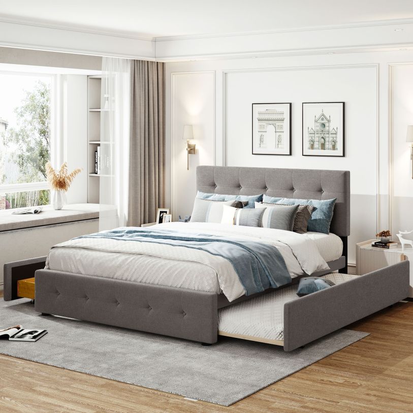 Upholstered Platform Bed w 2 Drawers 1 Twin XL Trundle Queen Light Gray FedEx UPS