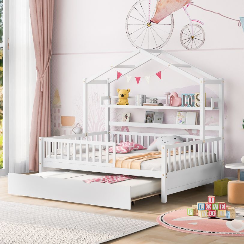 Wooden Full Size House Bed w Twin Size Trundle White FedEx UPS