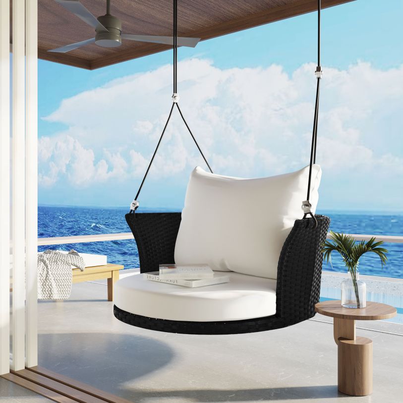 33.8 Single Person Hanging Seat Rattan Woven Swing Chair Black Wicker White Cushion FedEx UPS