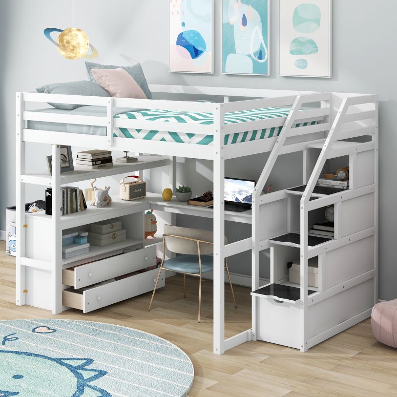 Full Loft Bed w/ Desk & Shelves, 2 Built-In Drawers, Storage Staircase ...