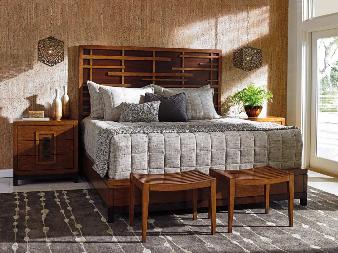 Tommy Bahama Home Island Fusion 4 Piece Shanghai Panel Bedroom Set in Dark Walnut