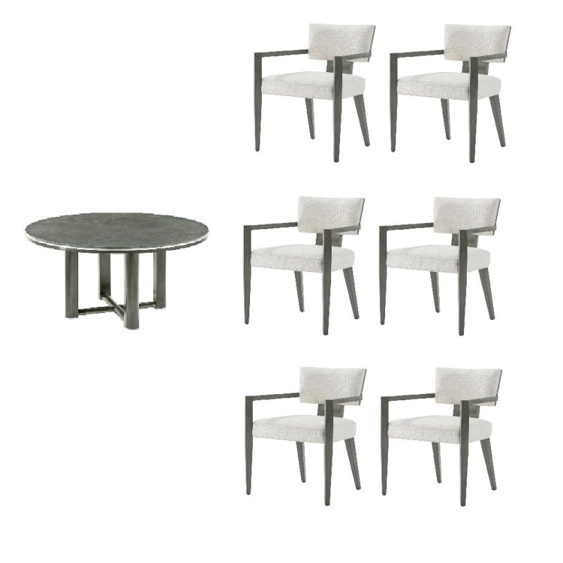 Theodore Alexander Hudson 7pc Round Dining Table Set in Pebble Grey