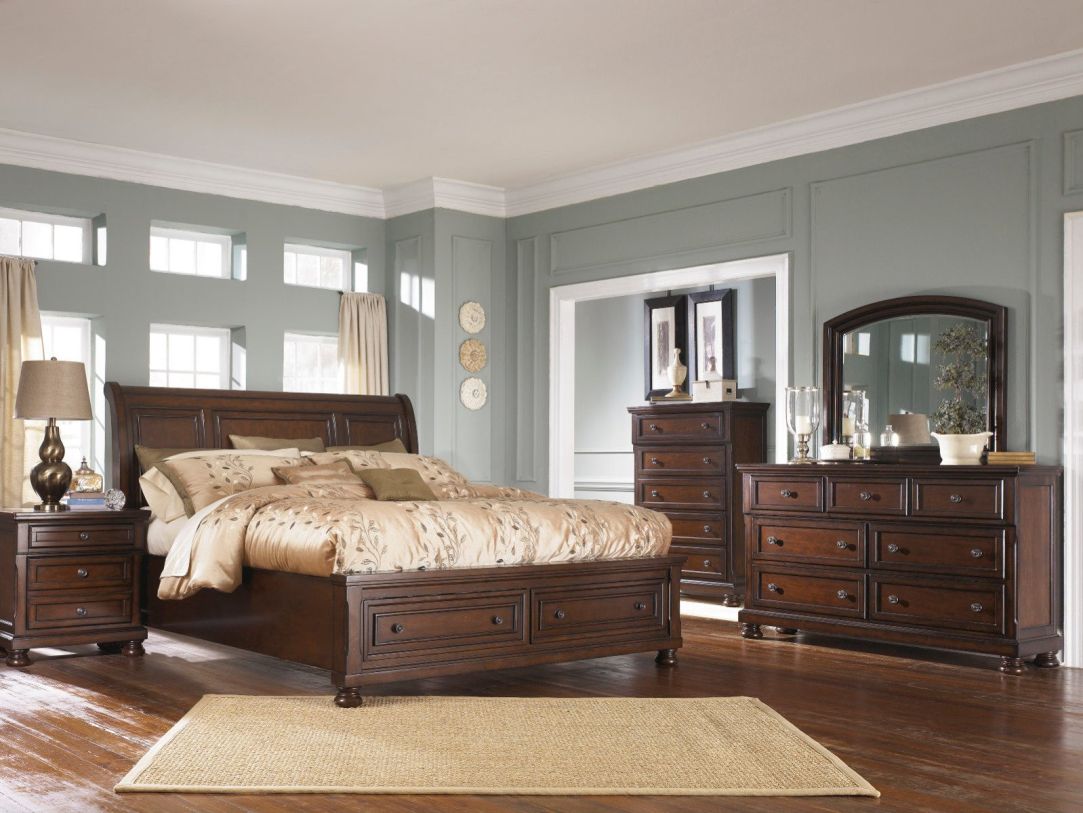 Brown bedroom furniture with gray walls store
