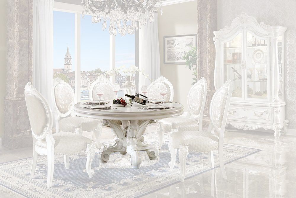 ACME Versailles 7pc Round Dining Room Set in PU & Bone White