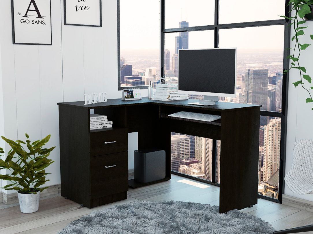 Mix L Shaped Desk Keyboard Tray 2 Drawers Single Open Shelf Black FedEx UPS